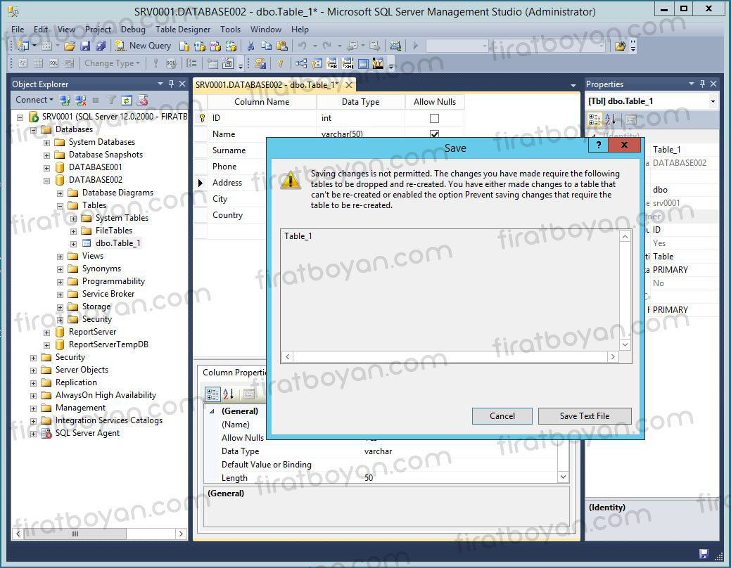 SQL Server 2014'te Saving changes is not permitted hatası