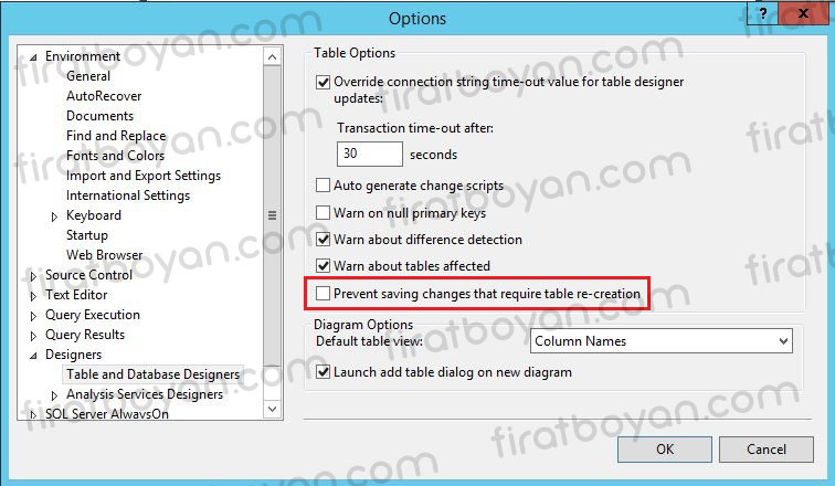 SQL Server 2014'te Saving changes is not permitted hatası